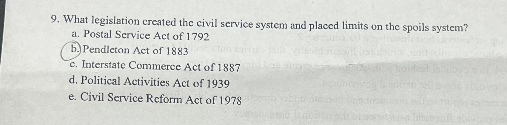 Solved What legislation created the civil service system and | Chegg.com