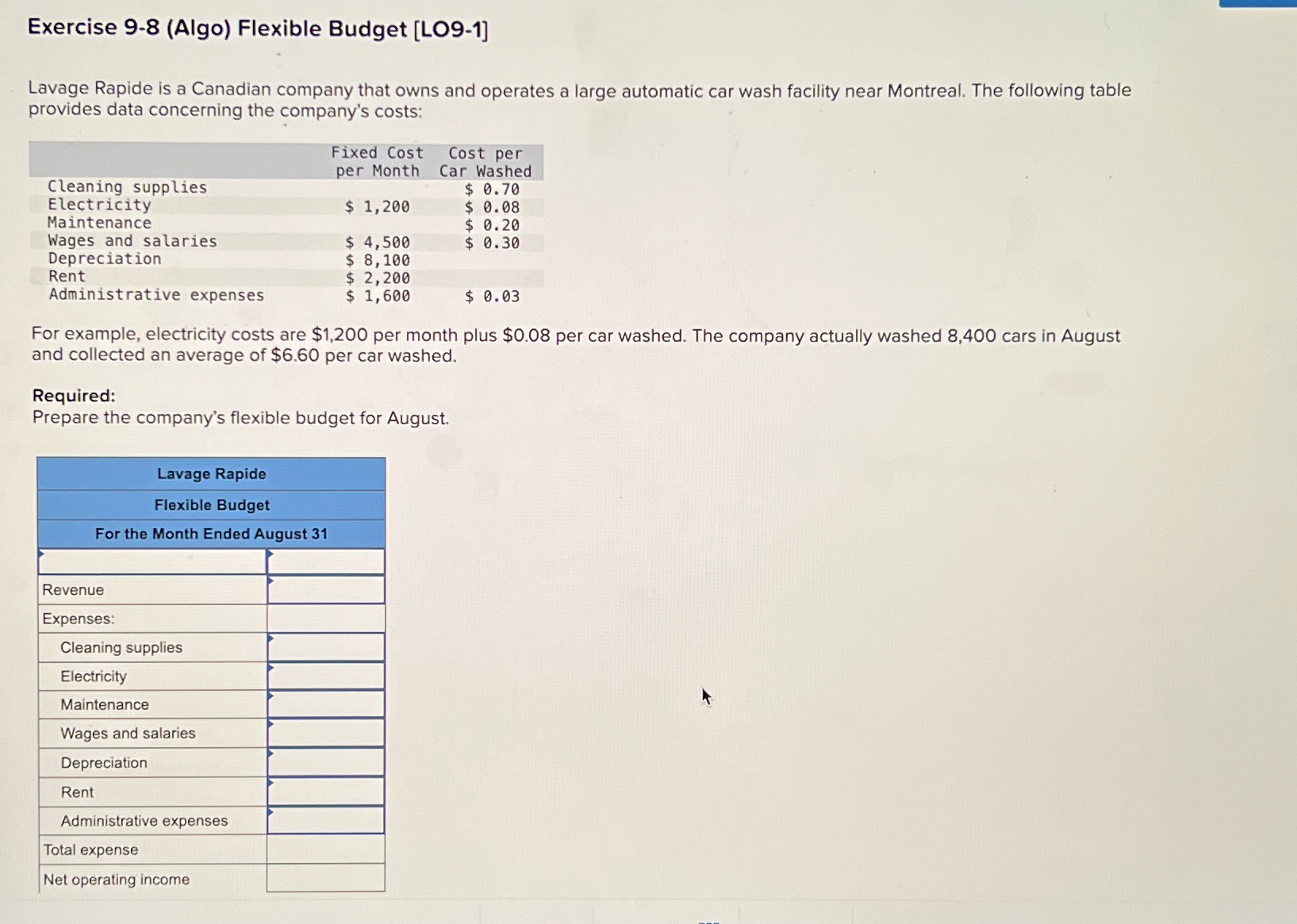 Solved Exercise 9-8 (Algo) ﻿Flexible Budget [LO9-1]Lavage | Chegg.com