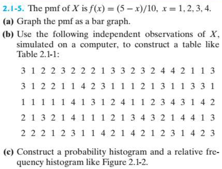 Solved 2.1-5. ﻿The pmf of x ﻿is f(x)=5-x10,x=1,2,3,4.(a) | Chegg.com