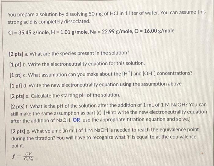 Solved You prepare a solution by dissolving 50mg of HCl in 1 | Chegg.com
