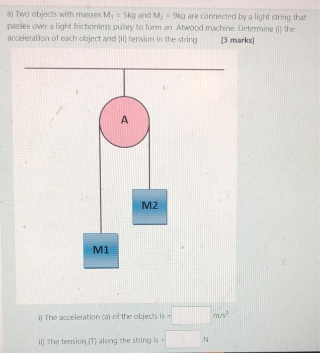 Solved a) Two objects with masses My = 5kg and M2 = 9kg are | Chegg.com