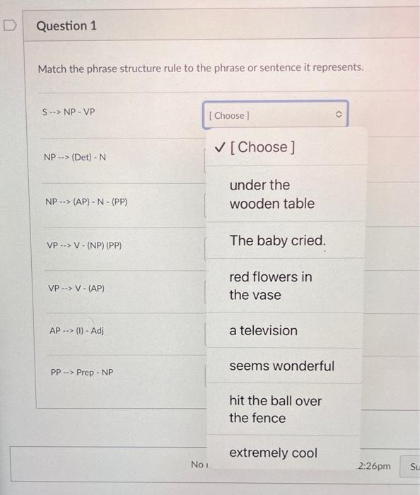 Solved Question 1 Match the phrase structure rule to the | Chegg.com