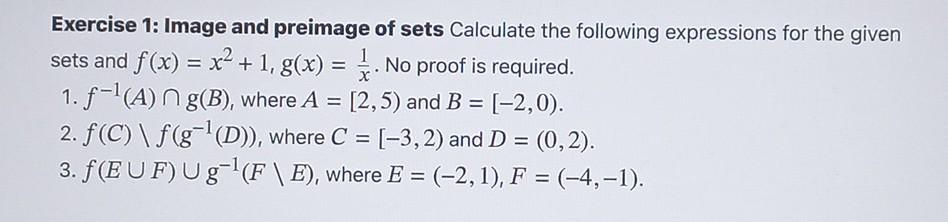 Solved Exercise 1: Image and preimage of sets Calculate the | Chegg.com