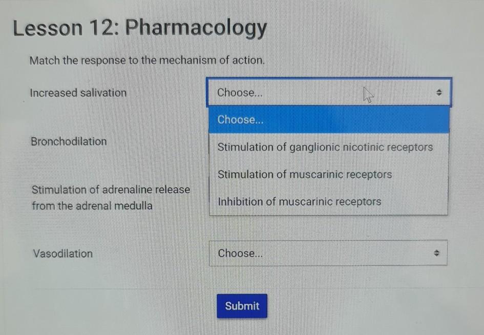 Solved Lesson 12: Pharmacology Match the response to the | Chegg.com