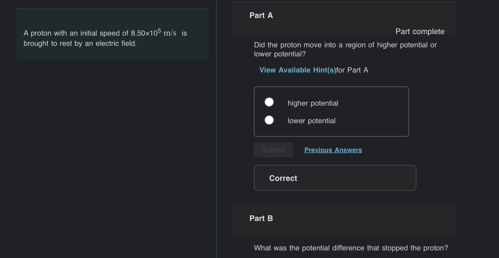 Solved Part AA proton with an initial speed of 8.50×105ms | Chegg.com