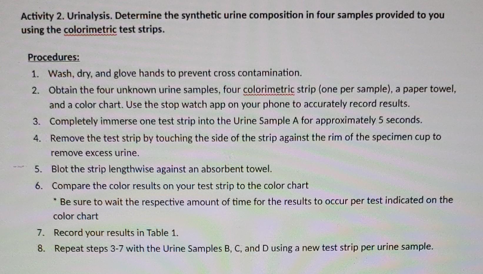 Activity 2. Urinalysis. Determine the synthetic urine | Chegg.com