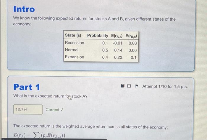 Solved We know the following expected returns for stocks A | Chegg.com