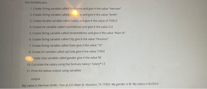 Solved Use Variable.java 1. Create String variable called | Chegg.com