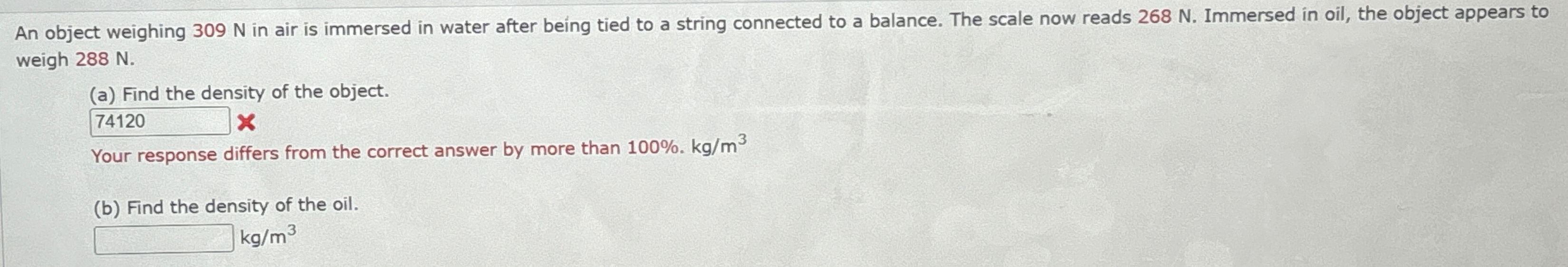 Solved An object weighing 309N ﻿in air is immersed in water | Chegg.com