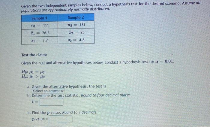 Solved Given the two independent samples below, conduct a | Chegg.com