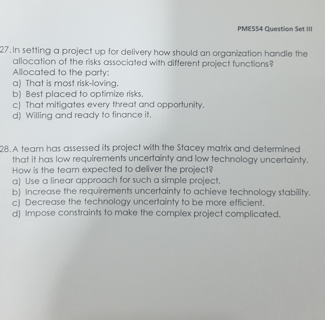 Solved PME554 ﻿Question Set III27. ﻿In setting a project up | Chegg.com