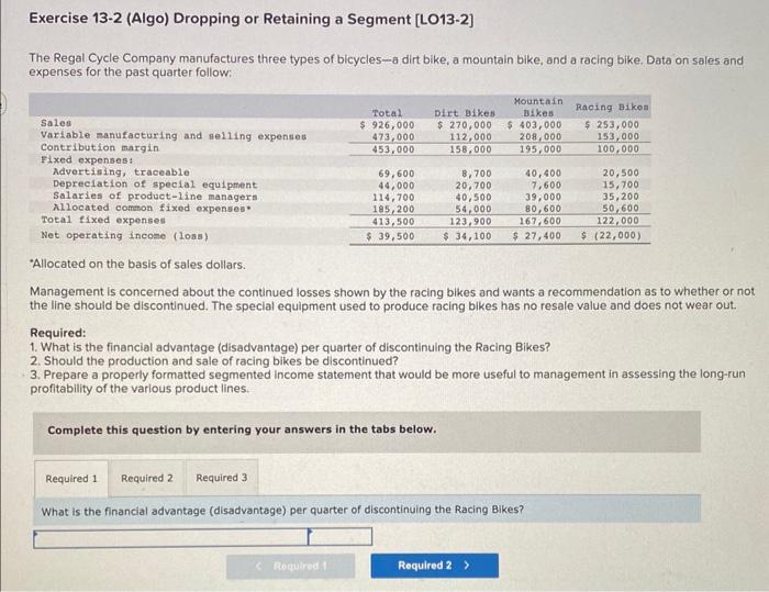 Solved Exercise 13-2 (Algo) Dropping or Retaining a Segment | Chegg.com