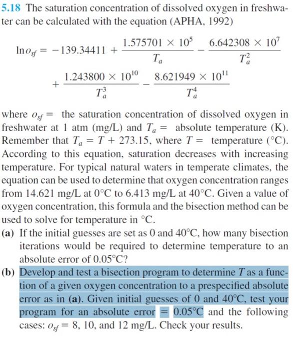 Solved 5.18 The saturation concentration of dissolved oxygen | Chegg.com
