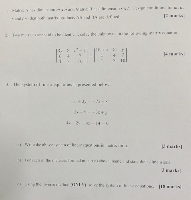 Solved 1. Matrix A has dimension m×n and Matrix B has | Chegg.com