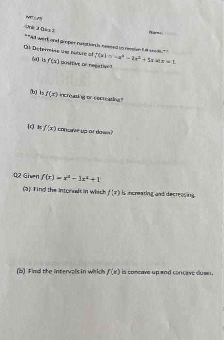 Solved Unit 3 Quiz 2 Name: "AAll work and proper notation is | Chegg.com