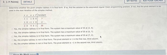 Solved Determine whether the given simplex tableau is in | Chegg.com