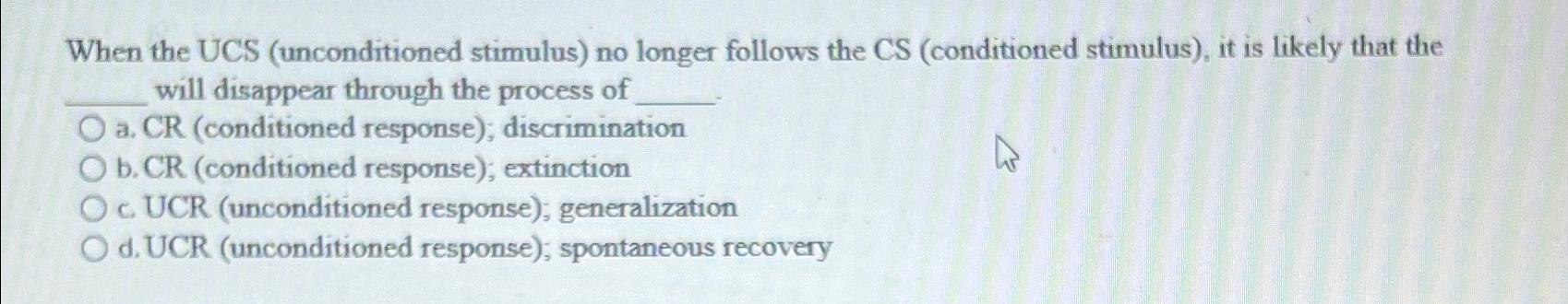 Solved When the UCS (unconditioned stimulus) ﻿no longer | Chegg.com