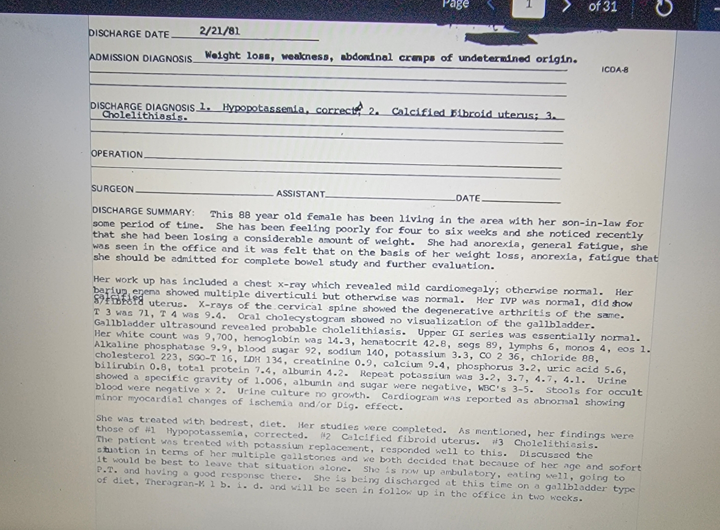 Solved DISCHARGE DATE2/21/81ADMISSION DIAGNOSISWolght | Chegg.com