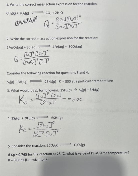 Solved 1. Write the correct mass action expression for the | Chegg.com
