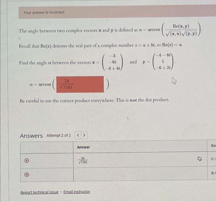 The angle between two complex vectors x and y is | Chegg.com