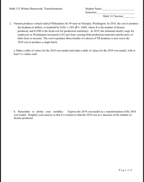 Solved Math 112 Written Homework: Transformations Student | Chegg.com