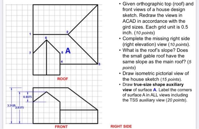Solved A 5 . Given orthographic top (roof) and front views | Chegg.com