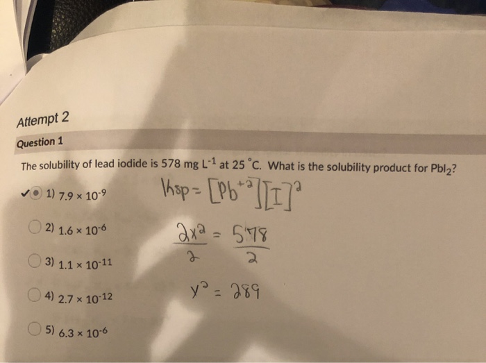 Solved Attempt 2 Question 1 The solubility of lead iodide | Chegg.com
