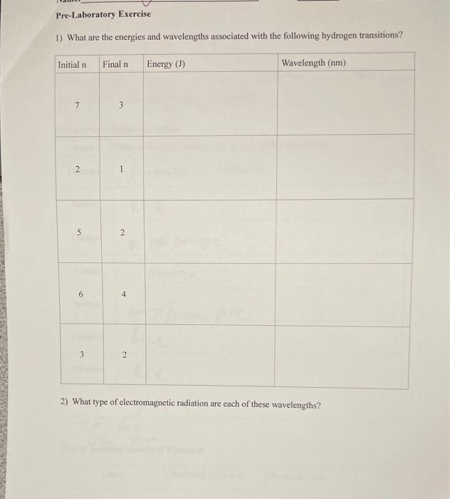 Solved Pre-Laboratory Exercise 1) What are the energies and | Chegg.com