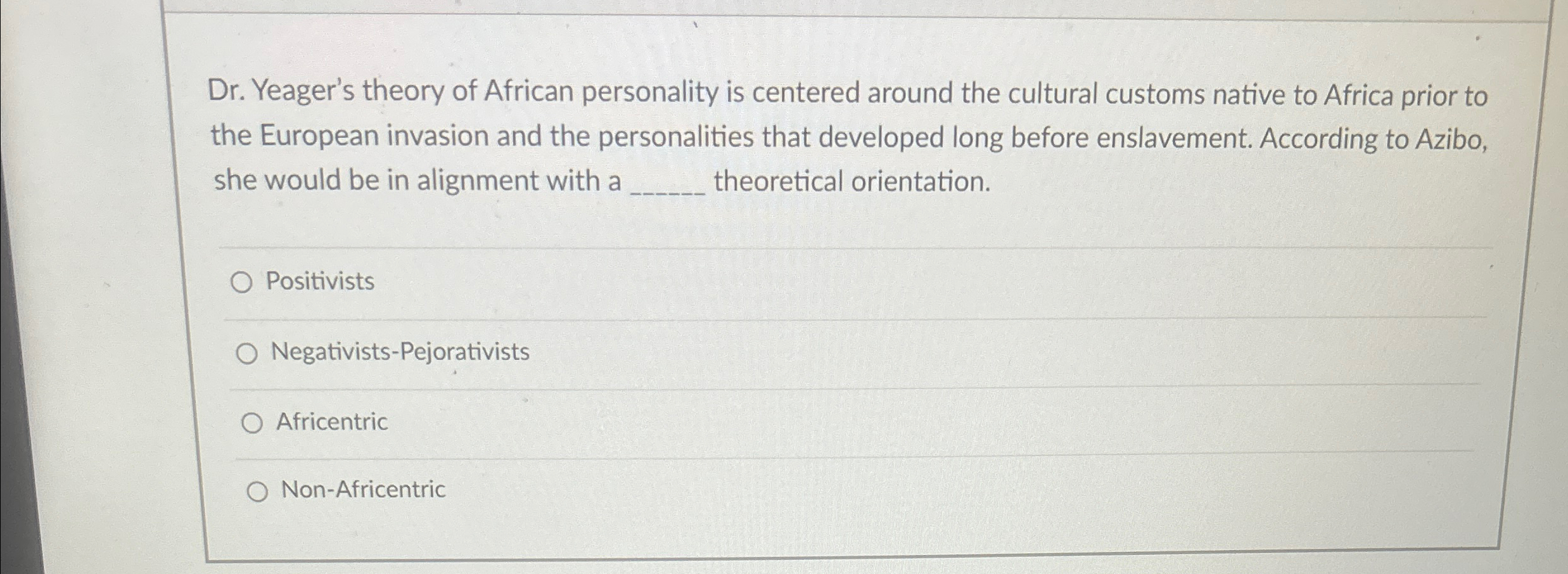 Solved Dr. ﻿Yeager's theory of African personality is | Chegg.com