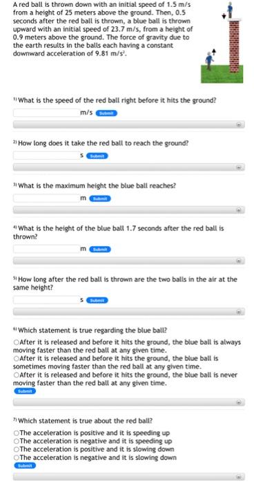 Solved A red ball is thrown down with an initial speed of | Chegg.com