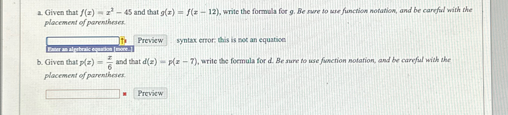 Solved a. ﻿Given that f(x)=x2-45 ﻿and that g(x)=f(x-12), | Chegg.com