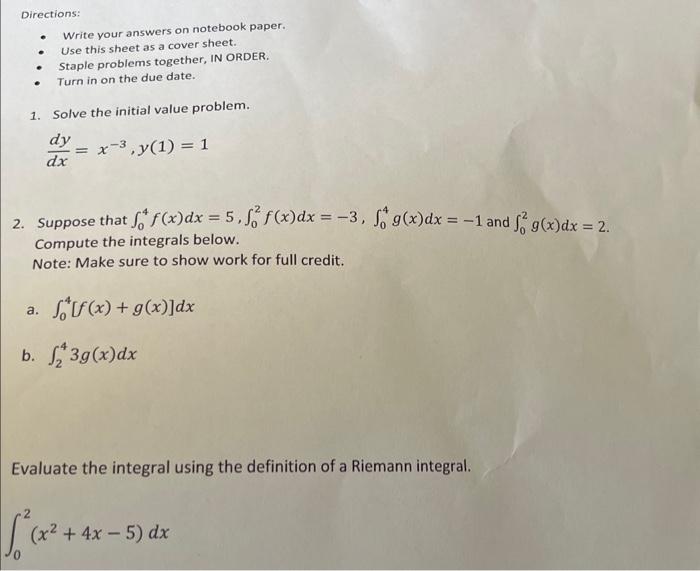 Solved Directions: - Write your answers on notebook paper. - | Chegg.com