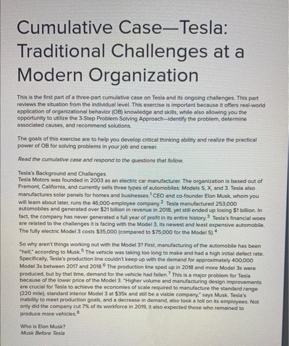 Solved Cumulative Case-Tesla: Traditional Challenges at a | Chegg.com