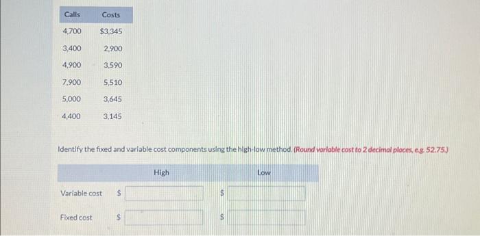 Solved Identify The Fixed And Variable Cost Components Using 2801
