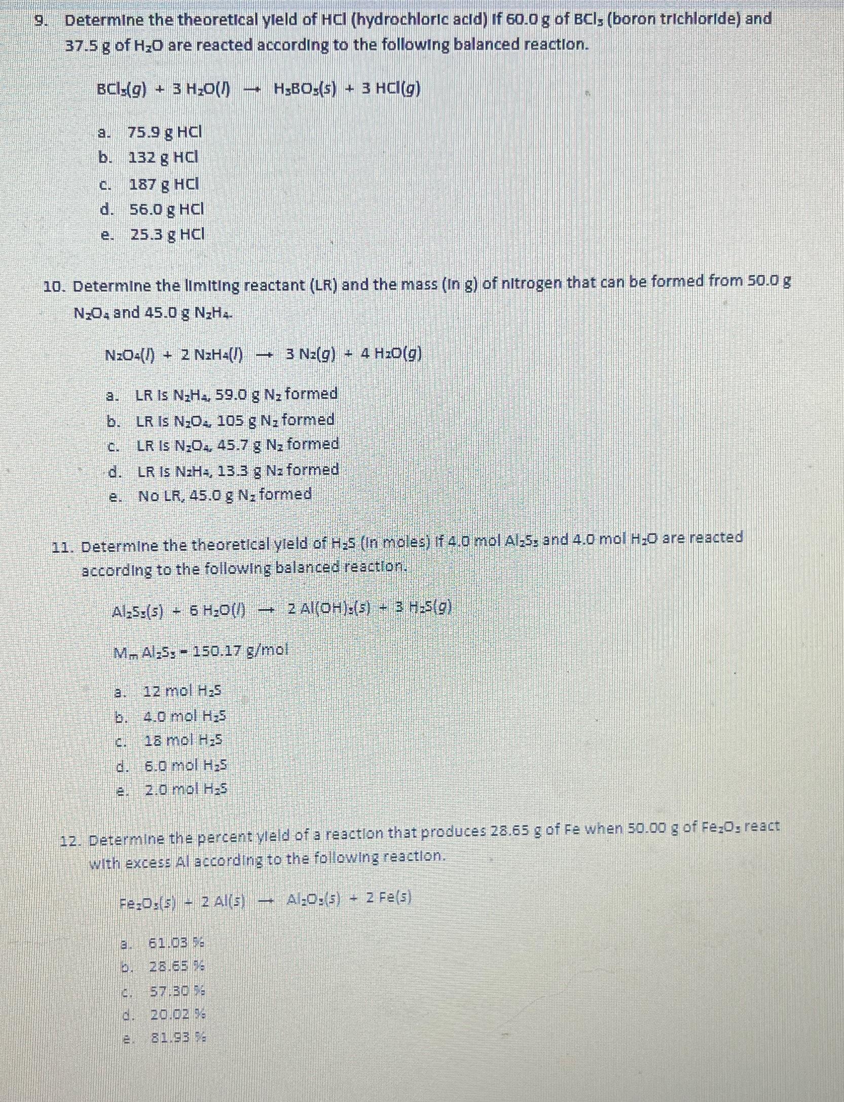 Solved Determine the theoretical yleld of HCl (hydrochloric | Chegg.com