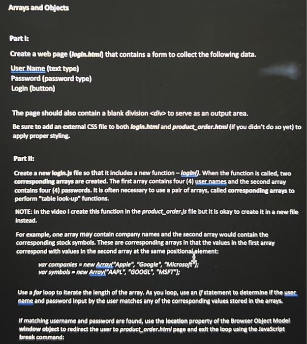 Solved Arrays and Objects Partl: Create a web page | Chegg.com