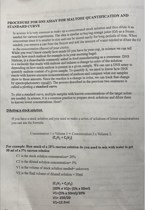Solved PROCEDURE FOR DNS ASSAY FOR MALTOSE QUANTIFICATION | Chegg.com