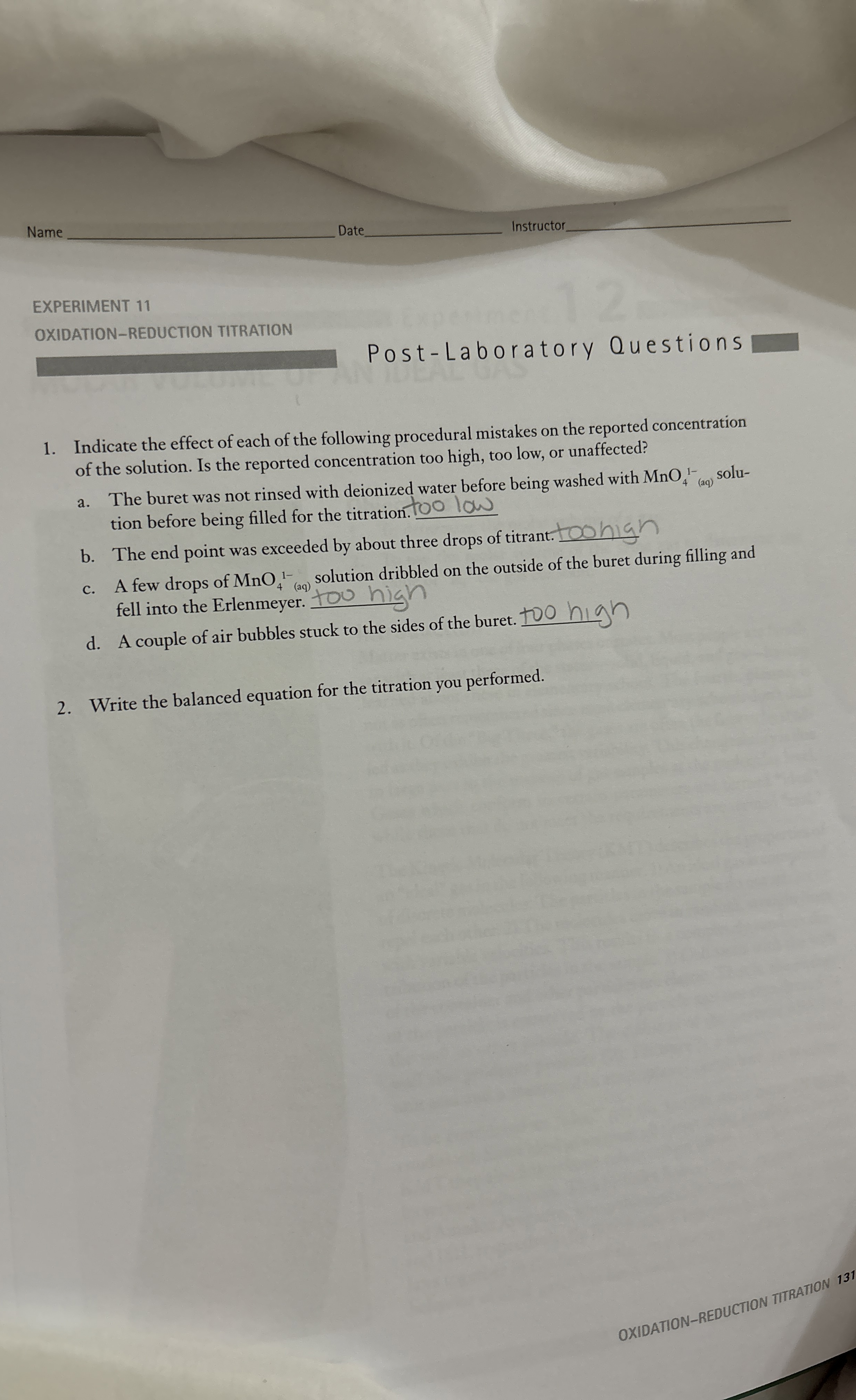Solved Nameq, ﻿Date q, ﻿Instructor q,EXPERIMENT | Chegg.com