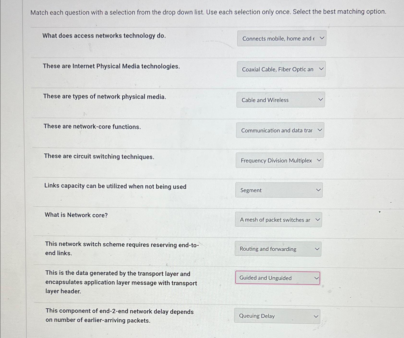 Solved Match each question with a selection from the drop | Chegg.com
