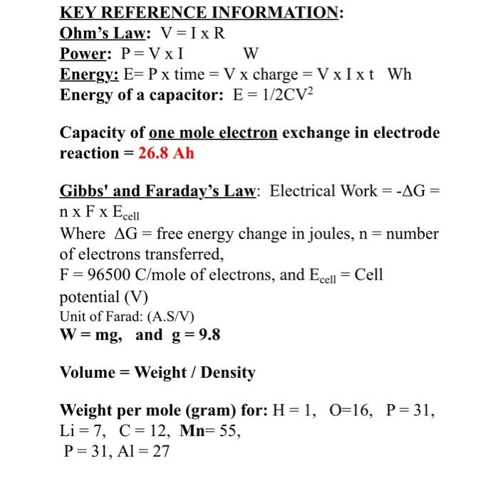 Solved KEY REFERENCE INFORMATION: Ohm's Law: V=IxR Power: P= | Chegg.com