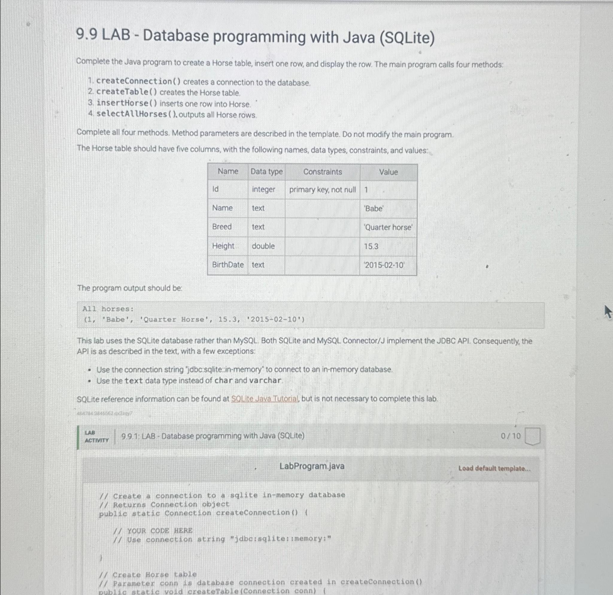 Solved 9.9 ﻿LAB - ﻿Database programming with Java | Chegg.com