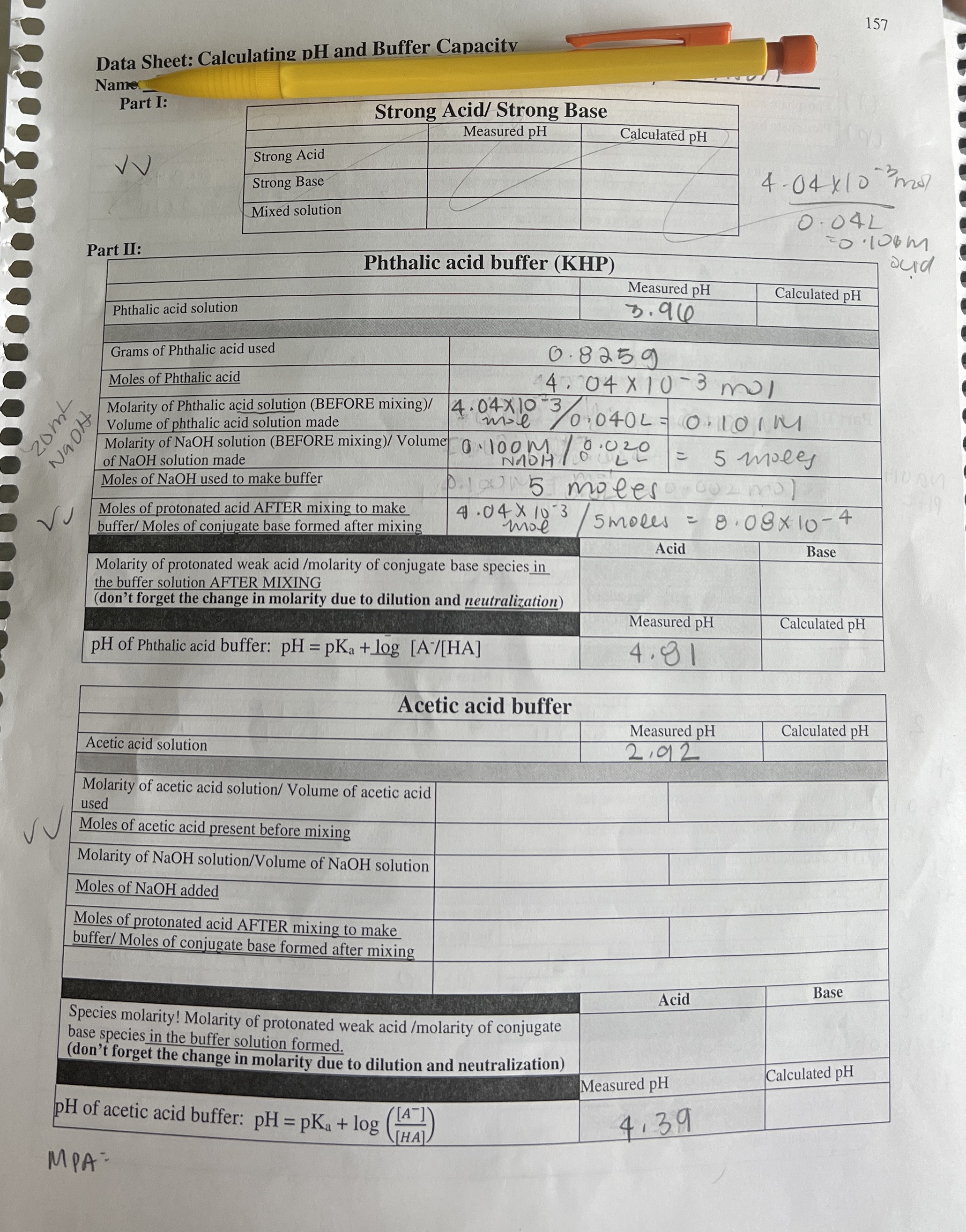 Data Sheet: Calculating pH ﻿and Buffer | Chegg.com