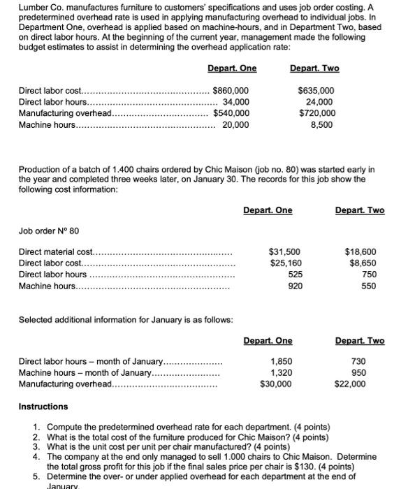 Solved Lumber Co. manufactures furniture to customers' | Chegg.com