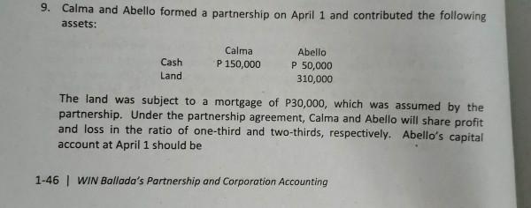 Solved 9. Calma and Abello formed a partnership on April 1 | Chegg.com