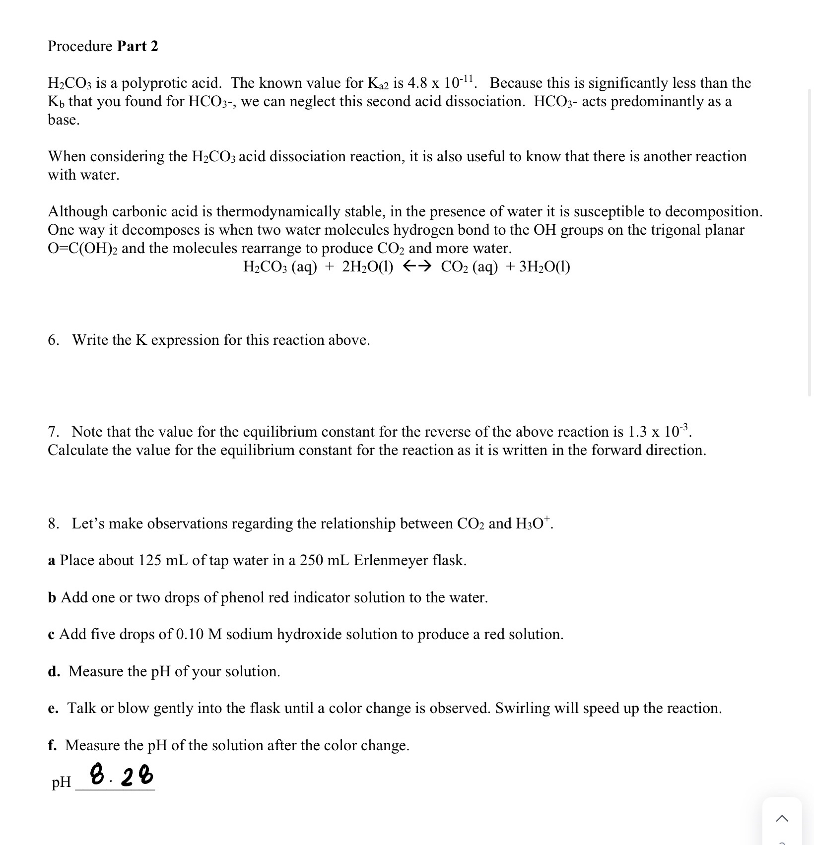 Solved Procedure Part 2H2CO3 ﻿is a polyprotic acid. The | Chegg.com