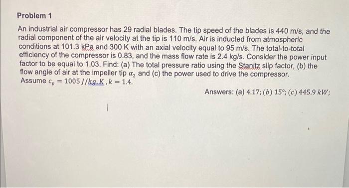 Solved An industrial air compressor has 29 radial blades. | Chegg.com