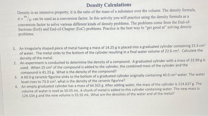 Solved Density Calculations Density is an intensive | Chegg.com