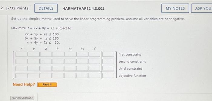 Solved Set Up The Simplex Matrix Used To Solve The Linear 