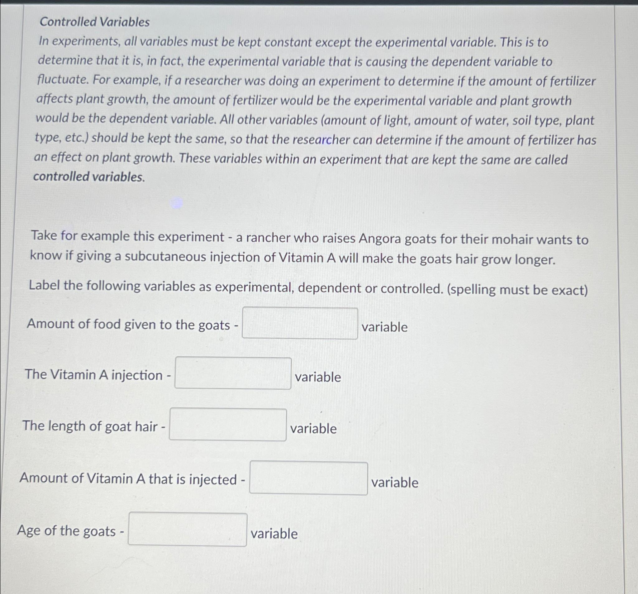 Solved Controlled VariablesIn experiments, all variables | Chegg.com