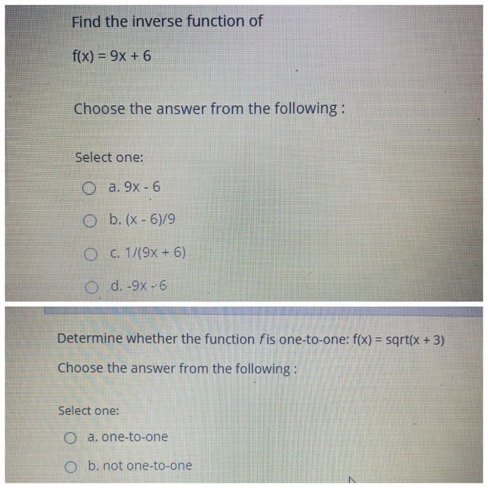 Solved Find the inverse function of f(x) = 9x + 6 Choose the | Chegg.com